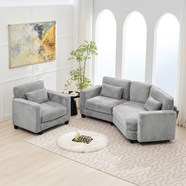 Ebern Designs Redenius Curved Corduroy Living Room Sofa Set includes 2 Seater plus Single Sofa ...